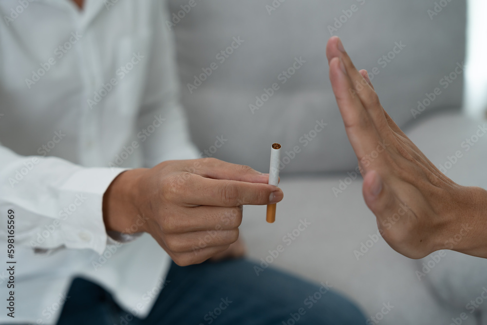 No smoking. man stop smoke, refuse, reject, break take cigarette, say ...