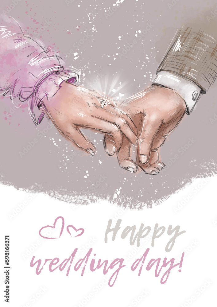 The hand of the bride and groom on a brown background, wedding ...