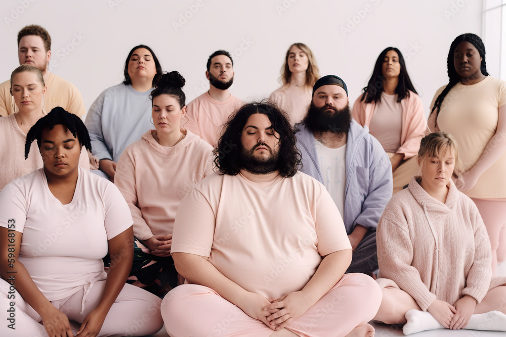 Yoga, meditation lesson. Group of diverse curvy, plus size, active, big ...