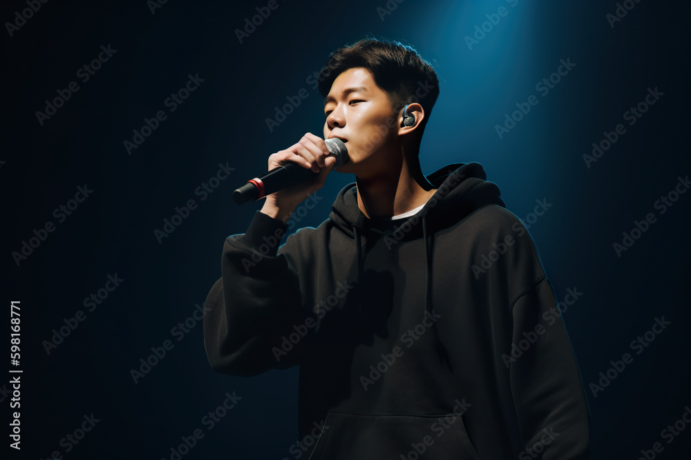 Asian rapper, singer on stage reading rap, dynamic pose, hero angle, AI ...
