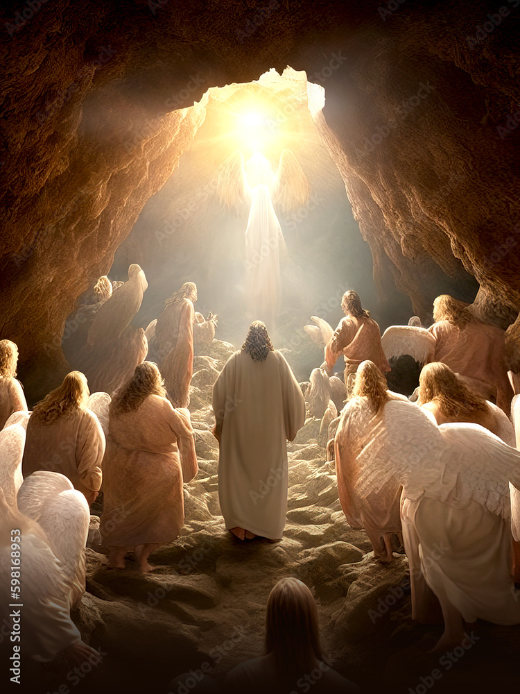 jesus christ comes out of the cave and under people, space text ...