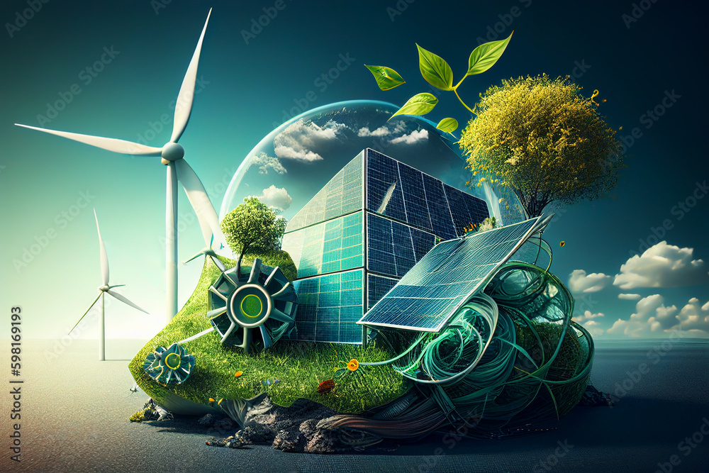 Solar panel and Wind Turbine concept. Solar energy from solar panels ...