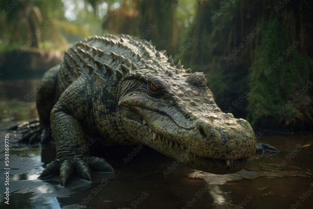 A giant protosuchus its rugged hide covered in algae and mud scowling ...