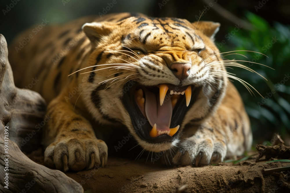 A sabertoothed tiger curled up beneath a tree its long fangs resting ...