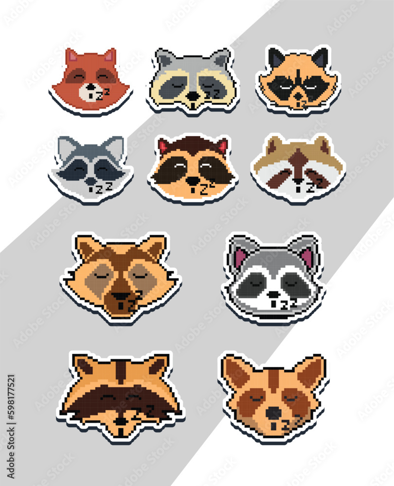 pixel art raccoon faces emoji sticker pixel sticker design Stock Vector ...