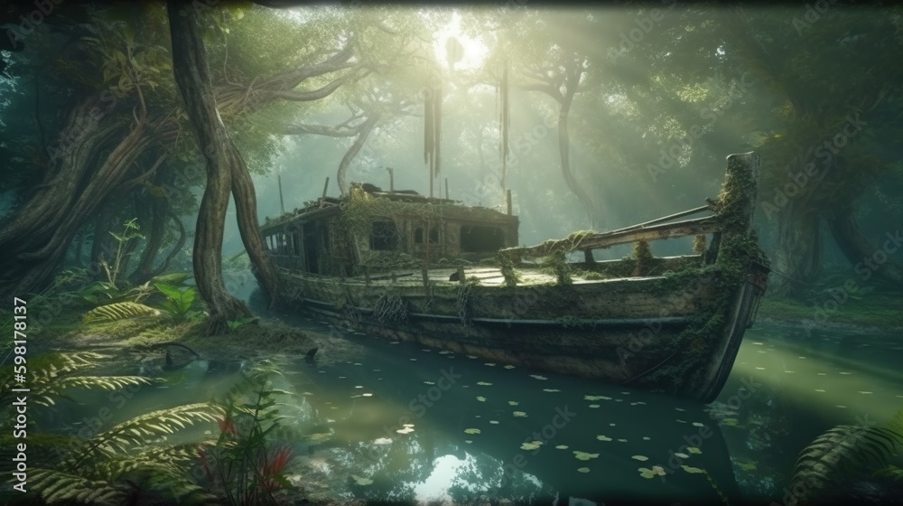 ancient sunken ship in tropical swamp, digital art illustration ...