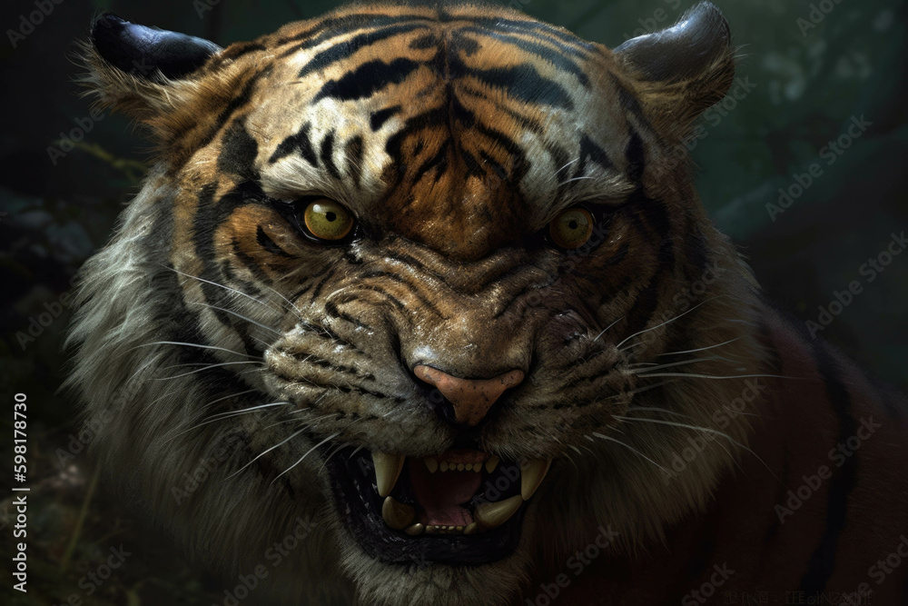 An intimidating sabertoothed tiger its gaze locking with its prey in a ...