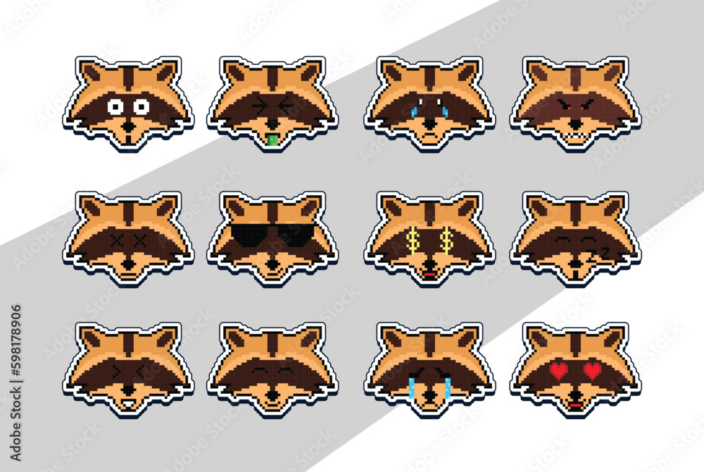 pixel art raccoon face emoji sticker. pixel sticker design Stock Vector ...