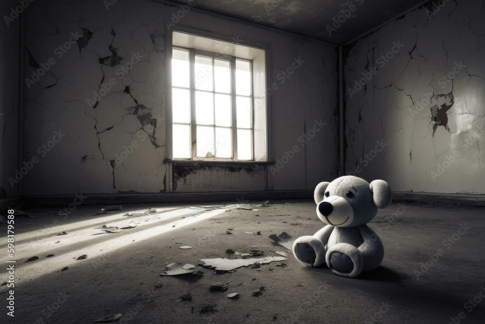 An old beaten up stuffed animal sits at the center of an otherwise ...
