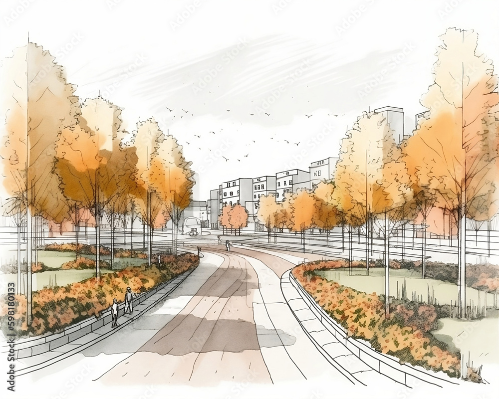 Top view drawing an landscape architecture sketch of a street view with ...