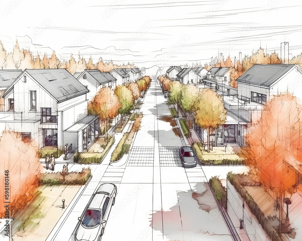 Top view drawing an landscape architecture sketch of a street view with ...