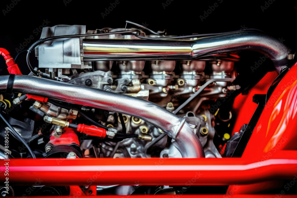 A close up of a heavily modified engine with aftermarket headers and a ...