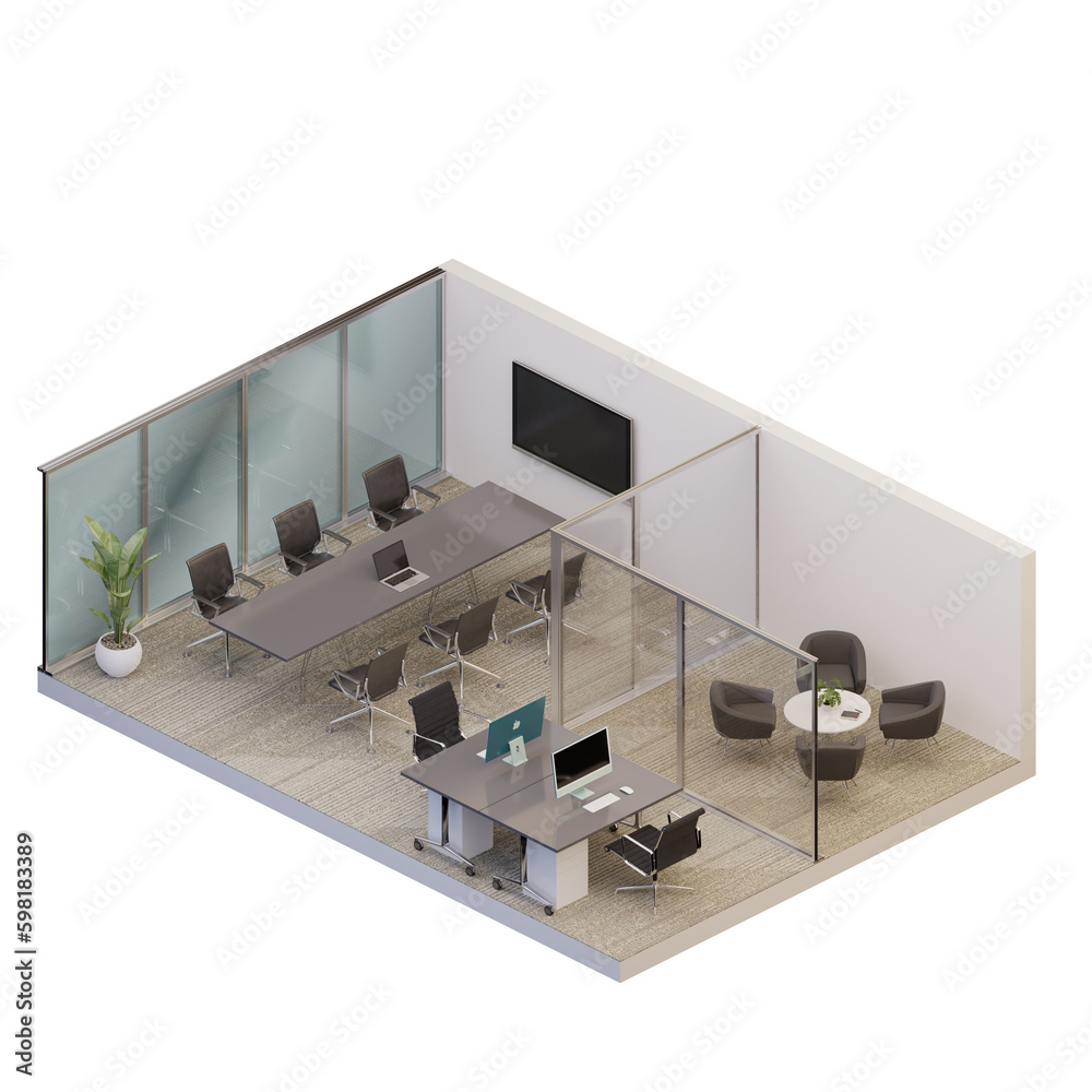 3d rendering modern group layout office/workspace with meeting room ...