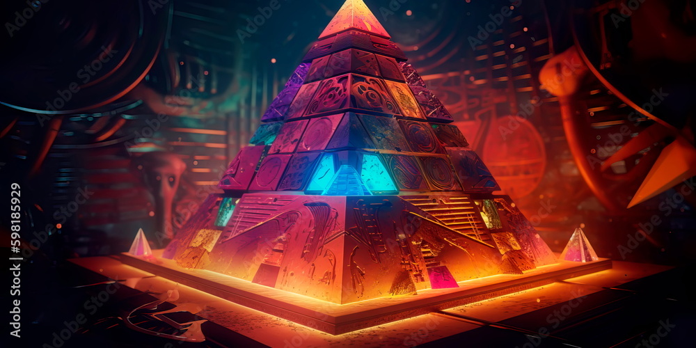 abstract image featuring a glowing, multidimensional pyramid surrounded ...