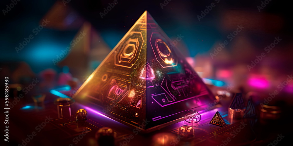 abstract image featuring a glowing, multidimensional pyramid surrounded ...