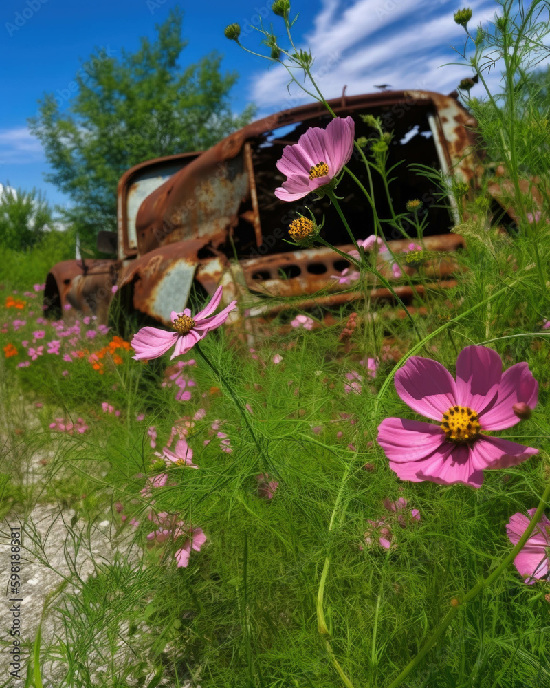 Wild cosmos have taken root in a rusted military truck a monument to ...