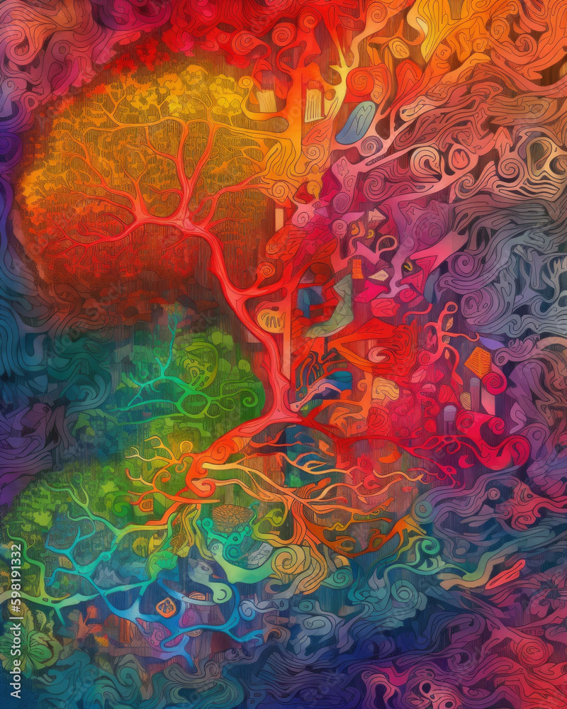 An intricate map of bright and vibrant colors forming the neurological ...