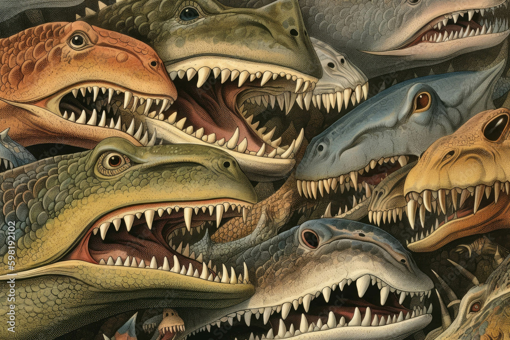 A wild array of curved and pointed dinosaur teeth and jaws. AI ...