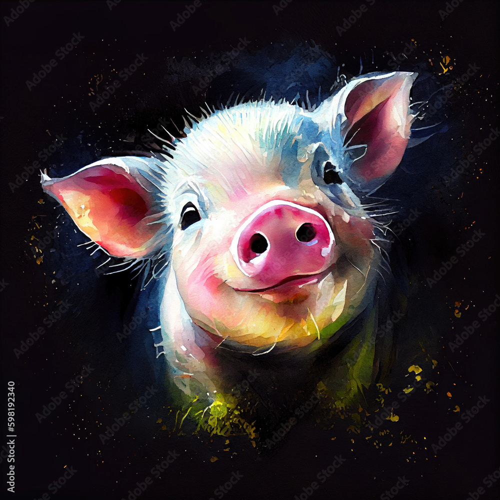 Watercolor portrait cute cub pig, animal illustration, colorful oil ...