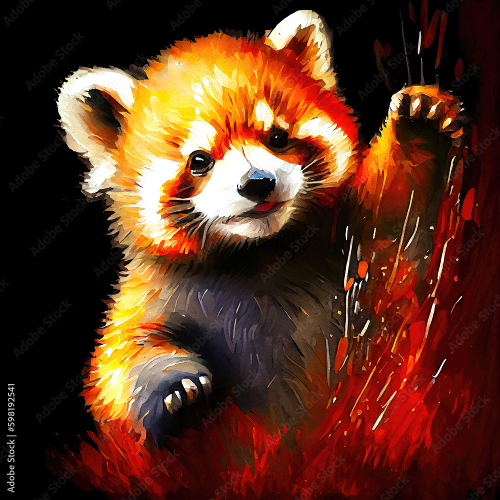Watercolor portrait cute cub red panda, animal illustration, colorful ...