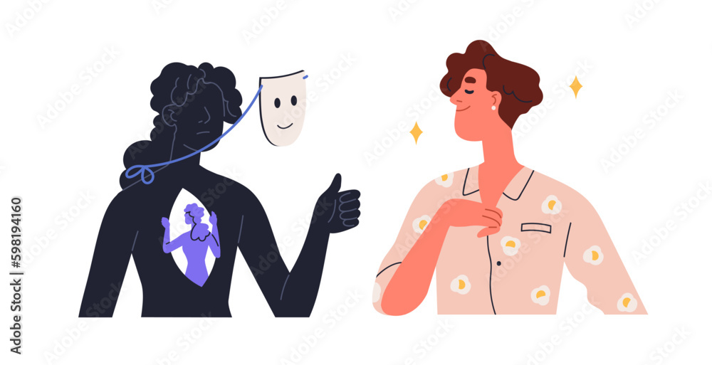 Hiding envy emotion, reaction behind fake smiling mask. Hypocrite ...