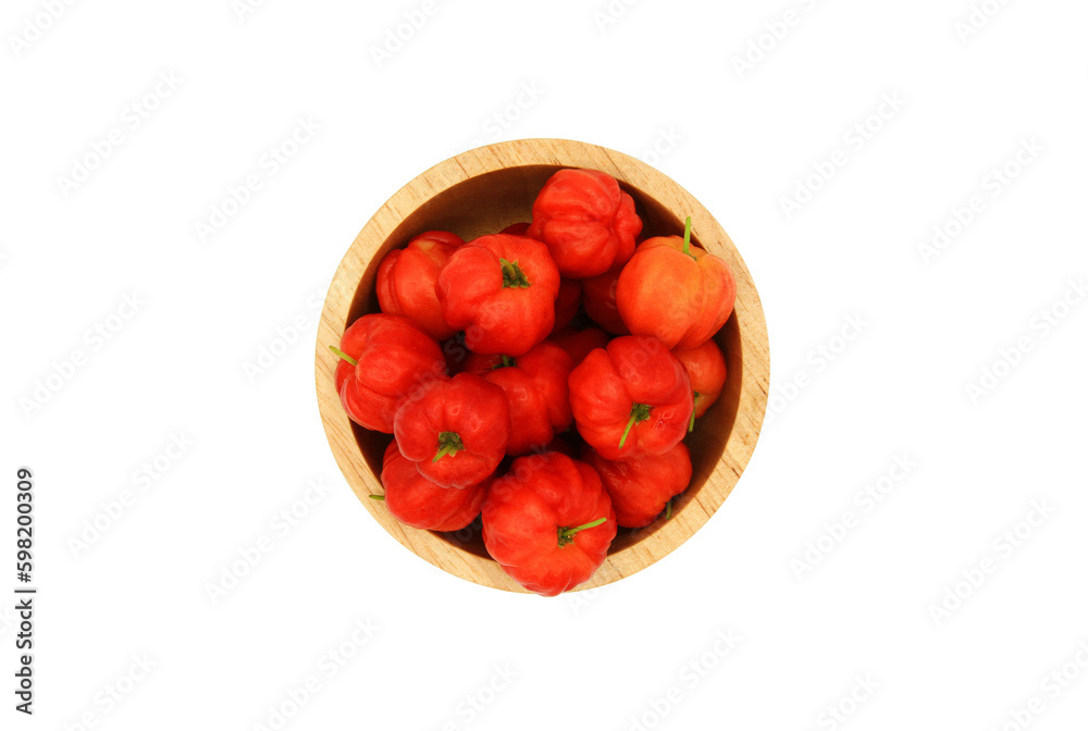 Top view of fresh cherry Acerola, Barbados Cherry, West Indian Cherry ...