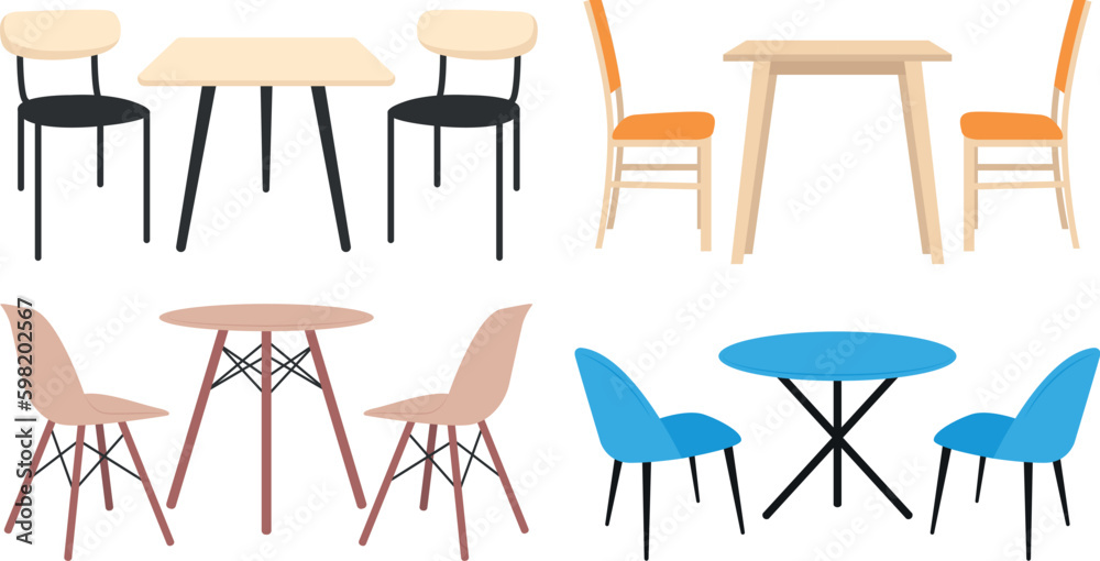 Set of modern chairs and tables in a cartoon style. Vector illustration ...