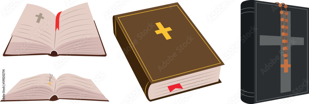 Set of Bible books in cartoon style. Vector illustration of Holy ...