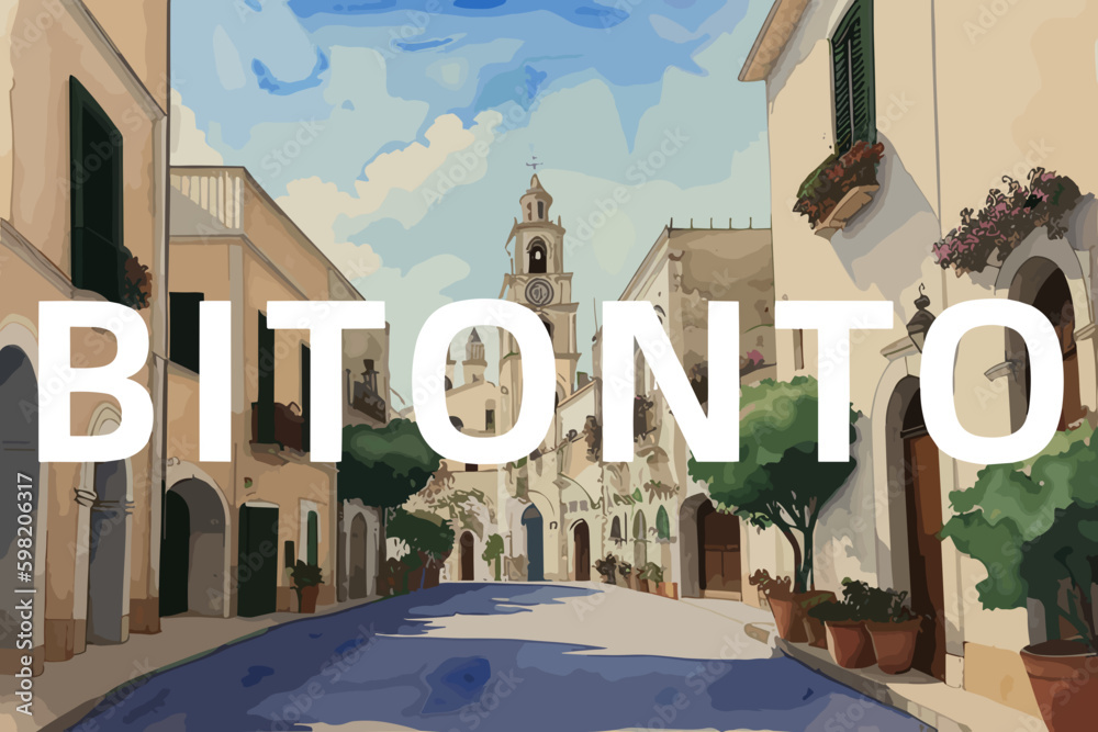 Bitonto: Beautiful painting of an Italian village with the name Bitonto ...