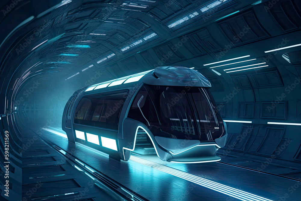 futuristic flying bus with peoples fast driving in sci fi tunnel ...