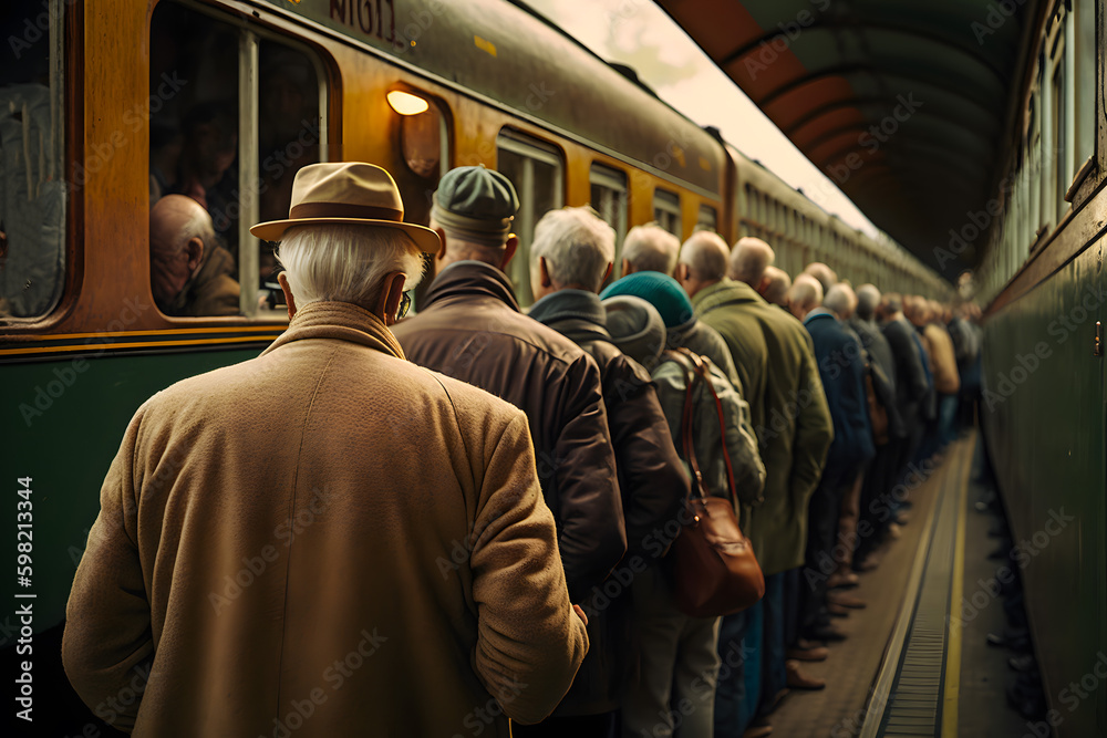 Crowd of people queuing to board the bus, bus stop in the city ...