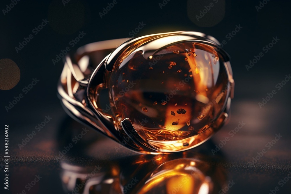 Modern abstract jewelry ring with liquid metallic look, amber organic ...