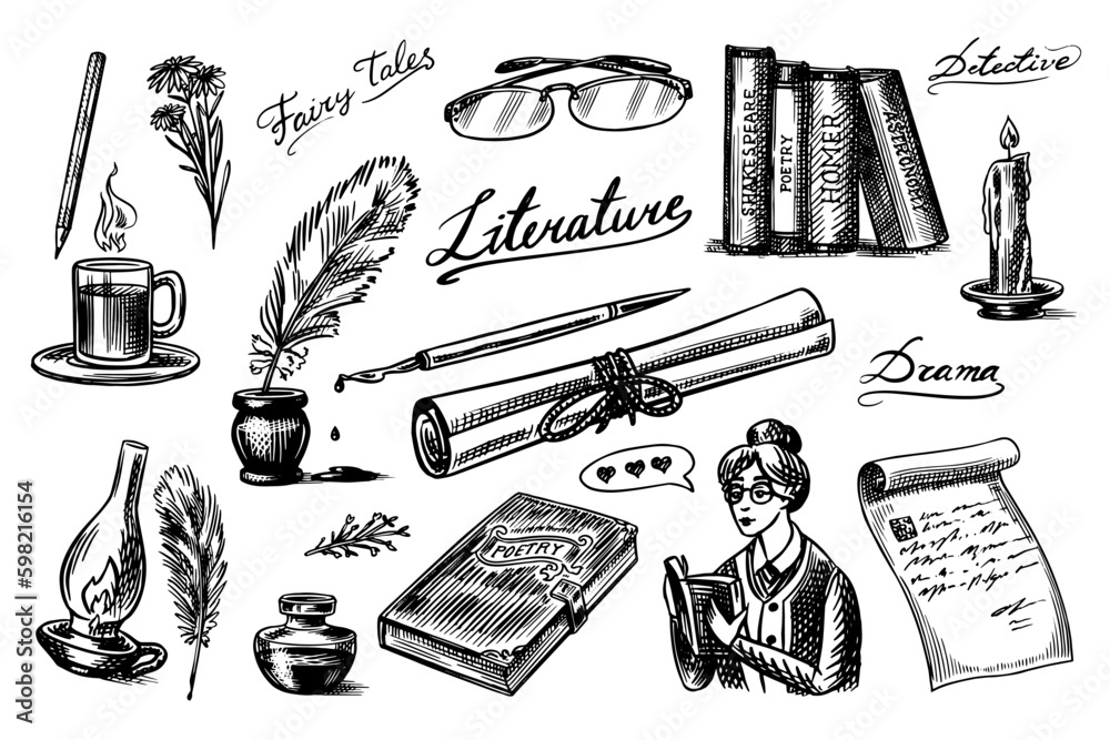 Literature set. Ink and pen, typewriter, coffee and lamp, stack of ...