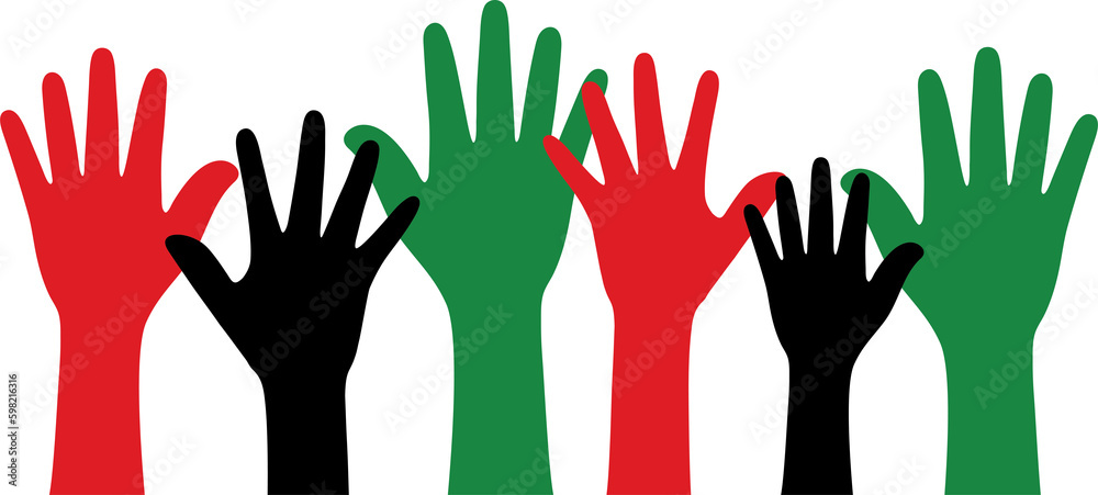 Silhouette of red, black and green colored hands as the colors of the ...