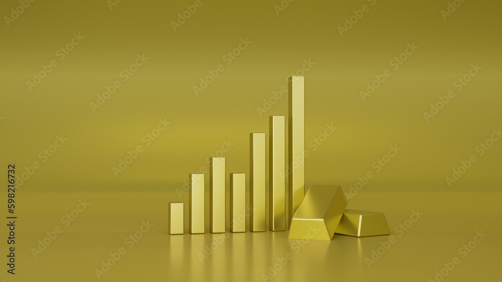 Gold metal symbol of bars chart with seven columns and two gold bars on ...
