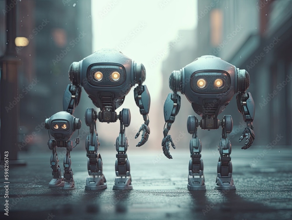 Generative AI illustration of futuristic mother father and kid robots ...