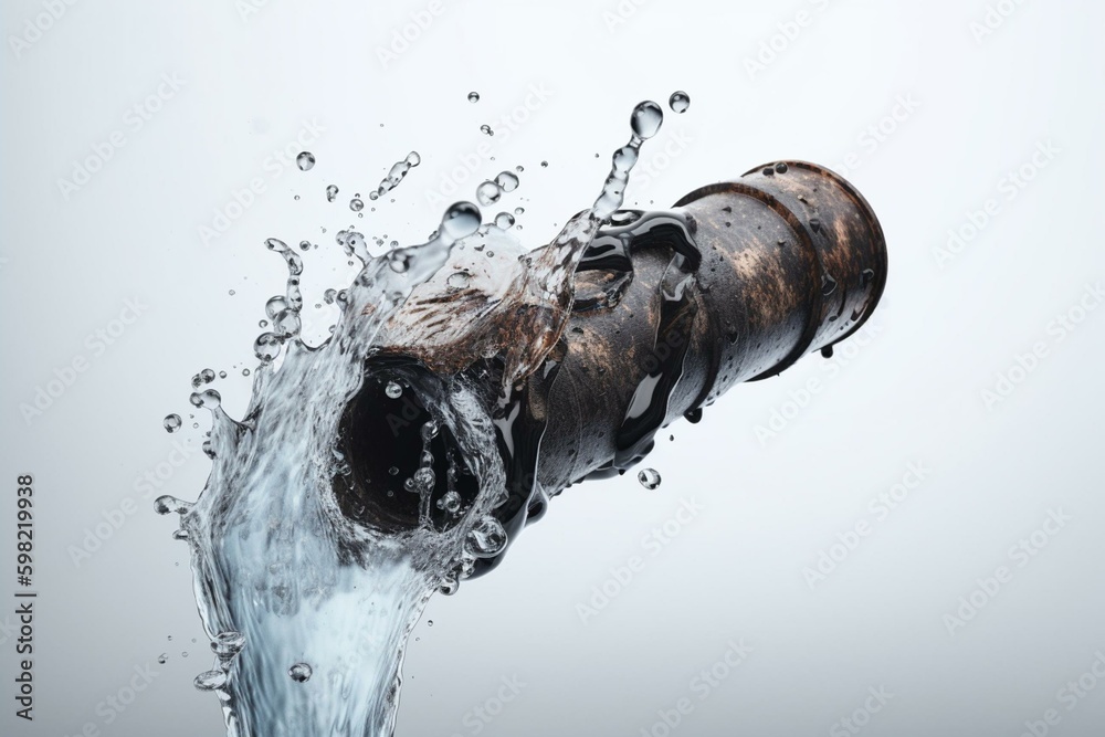 Water leaking from frozen and shattered pipe. White background ...