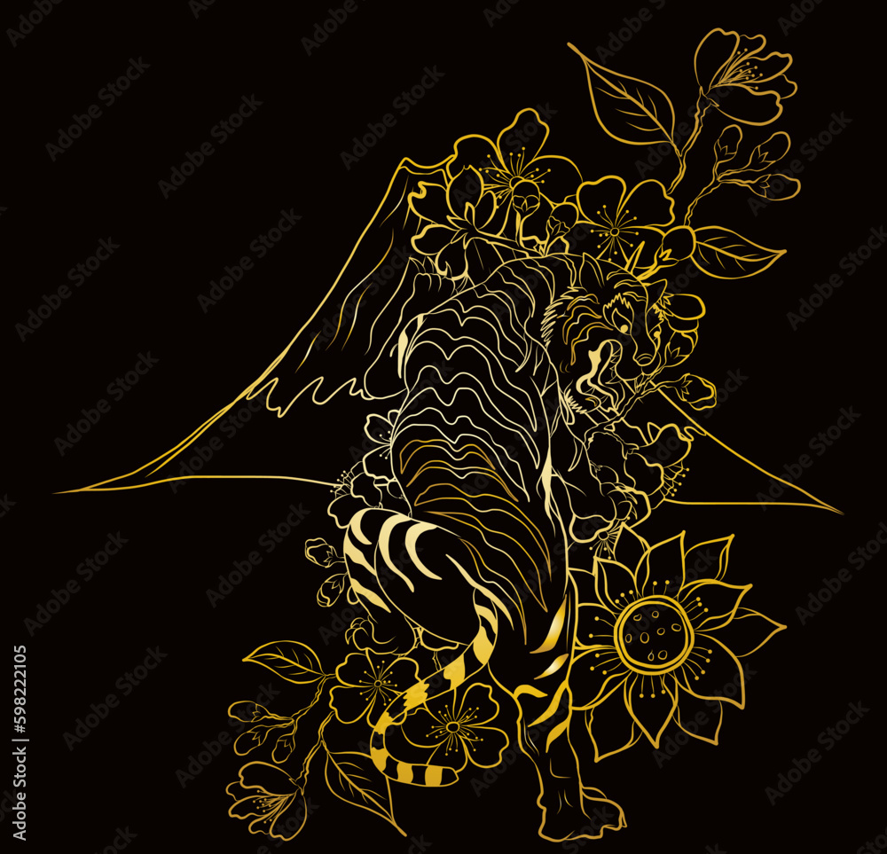 Doodle art style tiger face with cherry flower and rising sun tattoo ...
