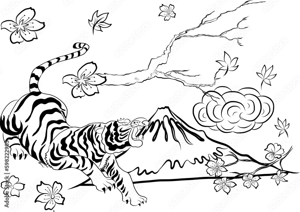Doodle art style tiger face with cherry flower and rising sun tattoo ...