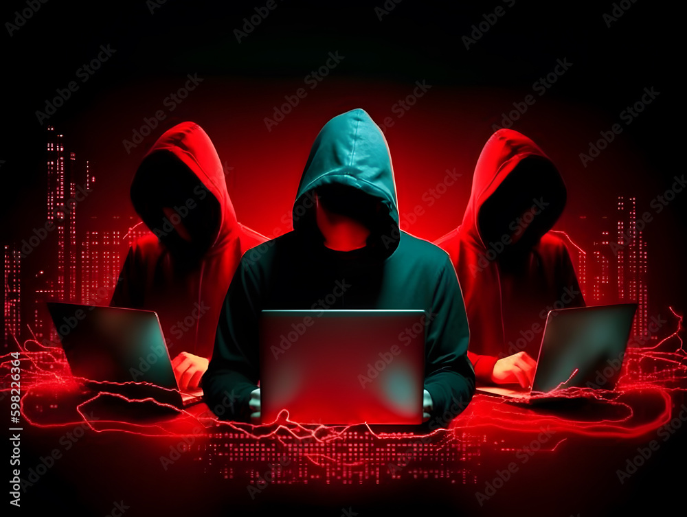 Three hackers without face. Concept of red hat, hacker group ...