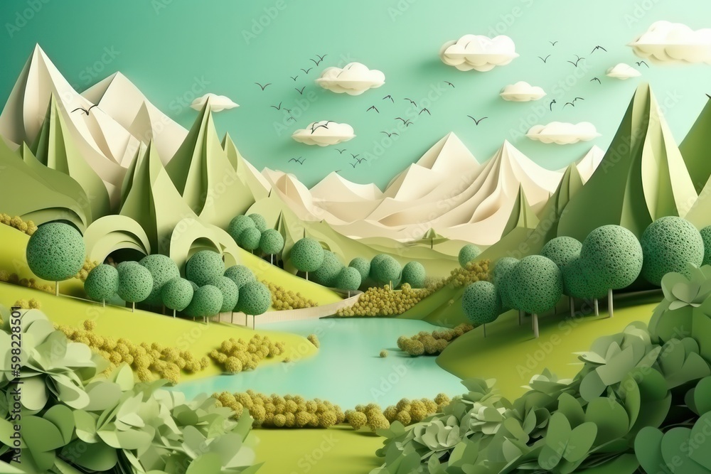 3d illustration of fantasy landscape with trees and lake in the ...