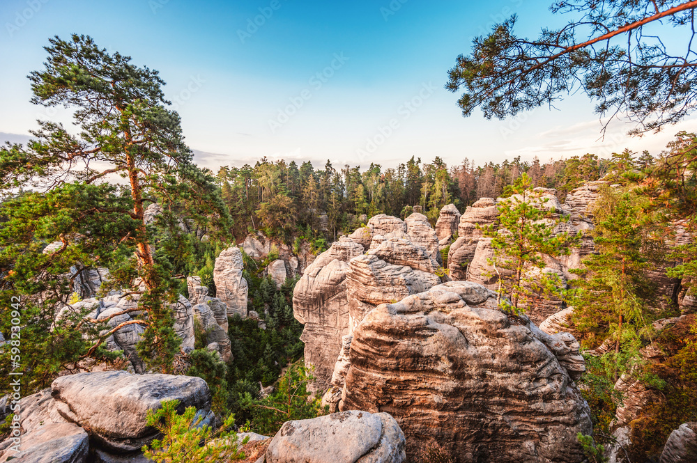 Cesky raj sandstone cliffs - Prachovske skaly in summer sunset, Czech ...