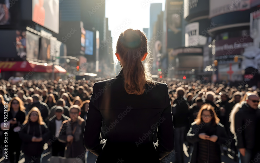 Back view of female politician in black suit standing on stage facing ...