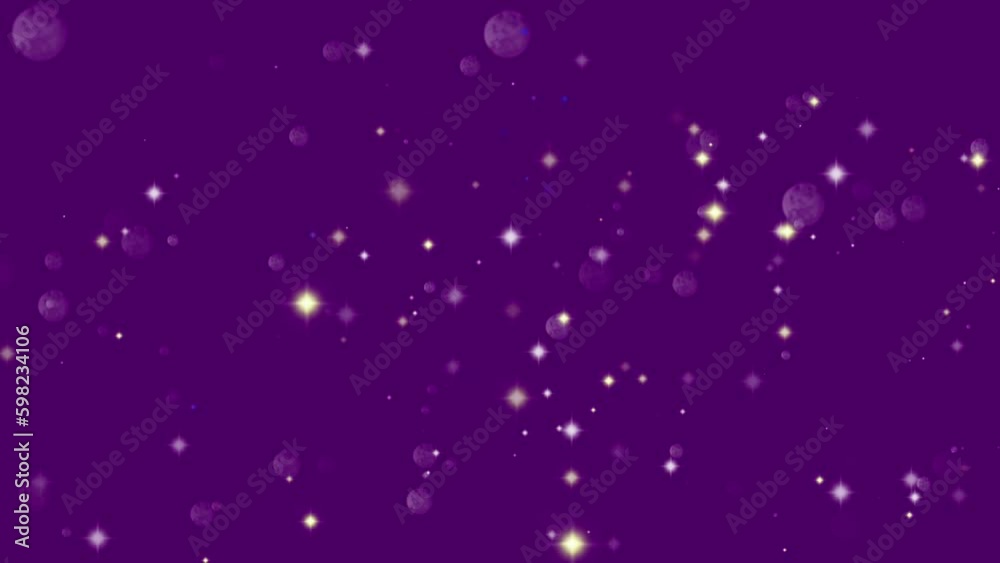 Floating star and bokeh particles on purple. Abstract celebration background with floating star ...
