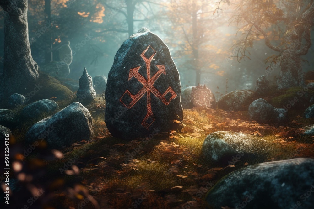 Magical stones with viking rune in a fantasy cemetery forest. Digital ...
