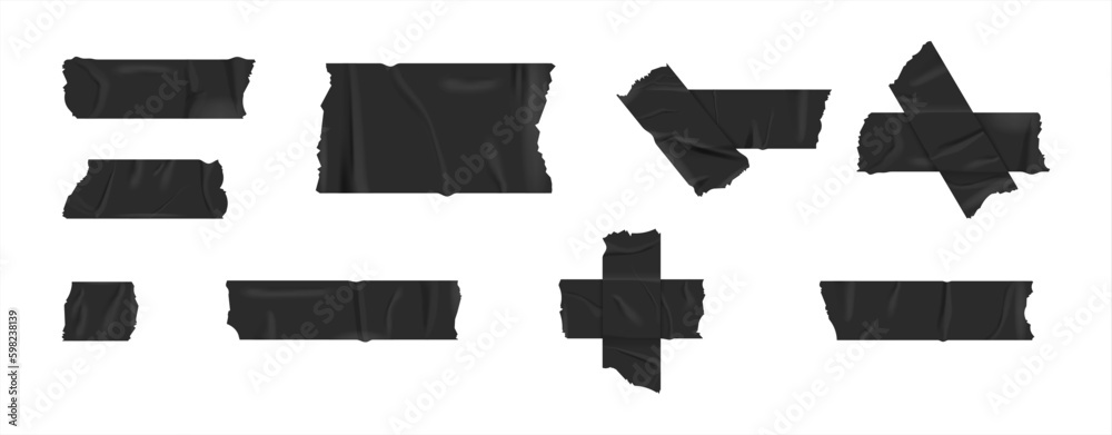 Set masking tape. Torn tape. Vector realistic black adhesive and grey ...