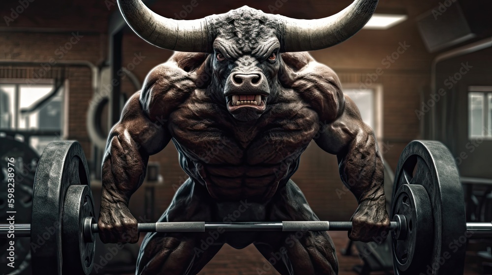 Fighting bull as a bodybuilder, weight training on the gym, Ai ...