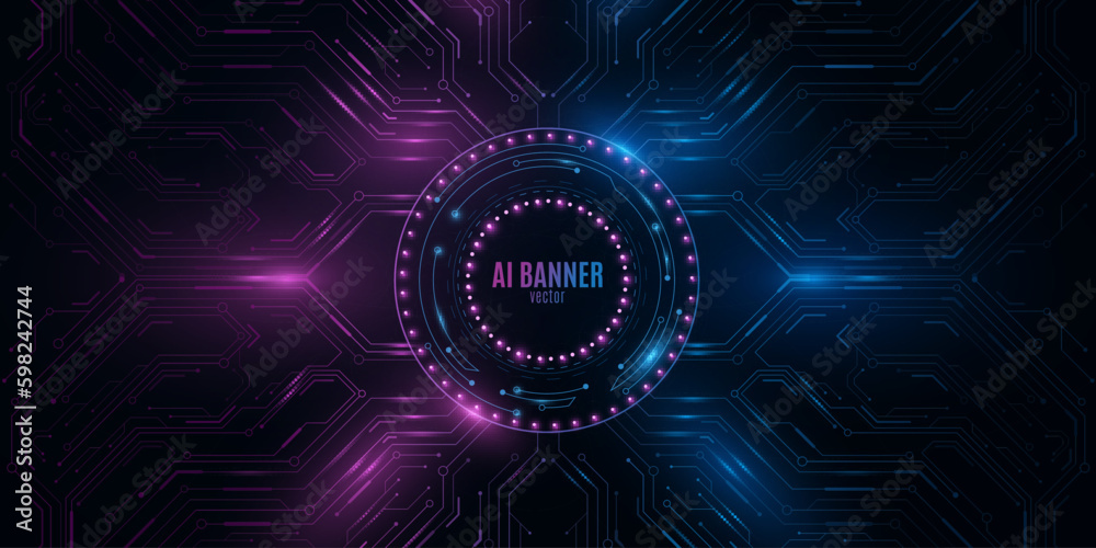 AI banner design with glowing sci-fi HUD round and computer circuit ...