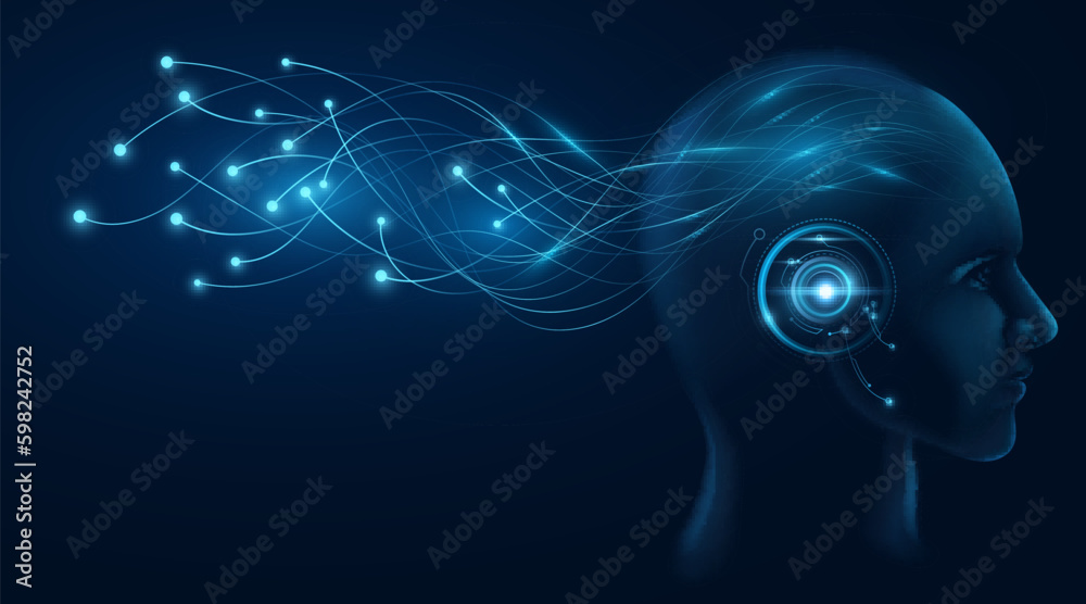 Modern cyborg with artificial intelligence analyzes data information ...