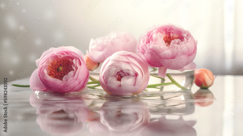 Soft pink Ranunculus asiaticus in water with highlights and reflection ...